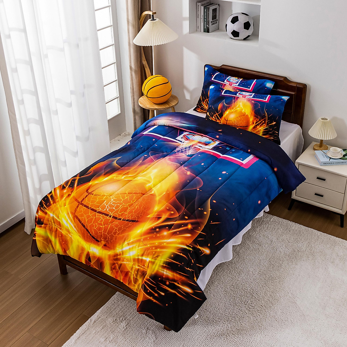 Btargot Basketball Fire Court Comforter Sets Twin for Boys Teens,Ball Sports Games Print, Basketball Hoop Bedding Home Decor