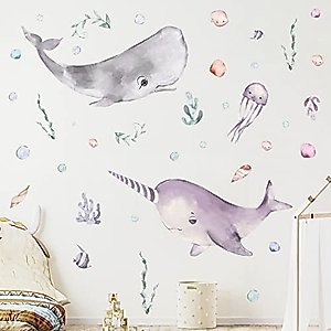 Big Fish Wall Stickers Dreamy Whale Wall Decals for Nursery Wall Decor Fairy Room Wall Stickers Peel and Stick Kids Decals for Girls Bedroom Living Room Wall Decor