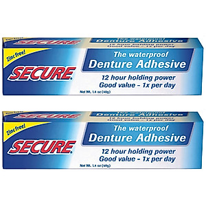Secure Waterproof Denture Adhesive - Zinc Free - Extra Strong Hold For Upper, Lower or Partials - 1.4 oz (Pack of 2)