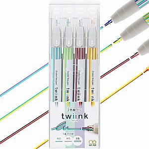 SUN-STAR Two Color Line Pen Twiink,C Set, Different 4 Colors Pattern Set, Water-Based Paint Pen, (Mint x Light Violet, Yellow x Mint, Red x Black, Orange x Yellow)