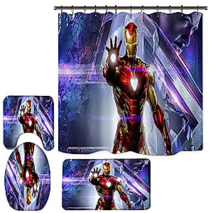 CPLAYSTORE Bathroom Set Cartoon Shower Curtain Set with Rugs, 4 Pcs Marvel Hero Waterpoof Fabric Shower Curtains with Hooks for Kids Bathroom Decor, 72''x72'' (Ironman-220305-03)
