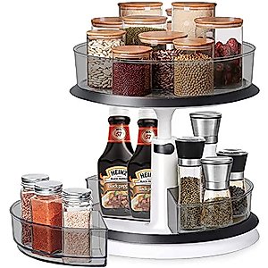 Yesland 2-Tier Lazy Susan Turntable with Large Bin and 3 Dividers, 11'' Height Adjustable Cabinet and Spice Rack Organize for Kitchen Pantry Snack Fruit Makeup(Black)