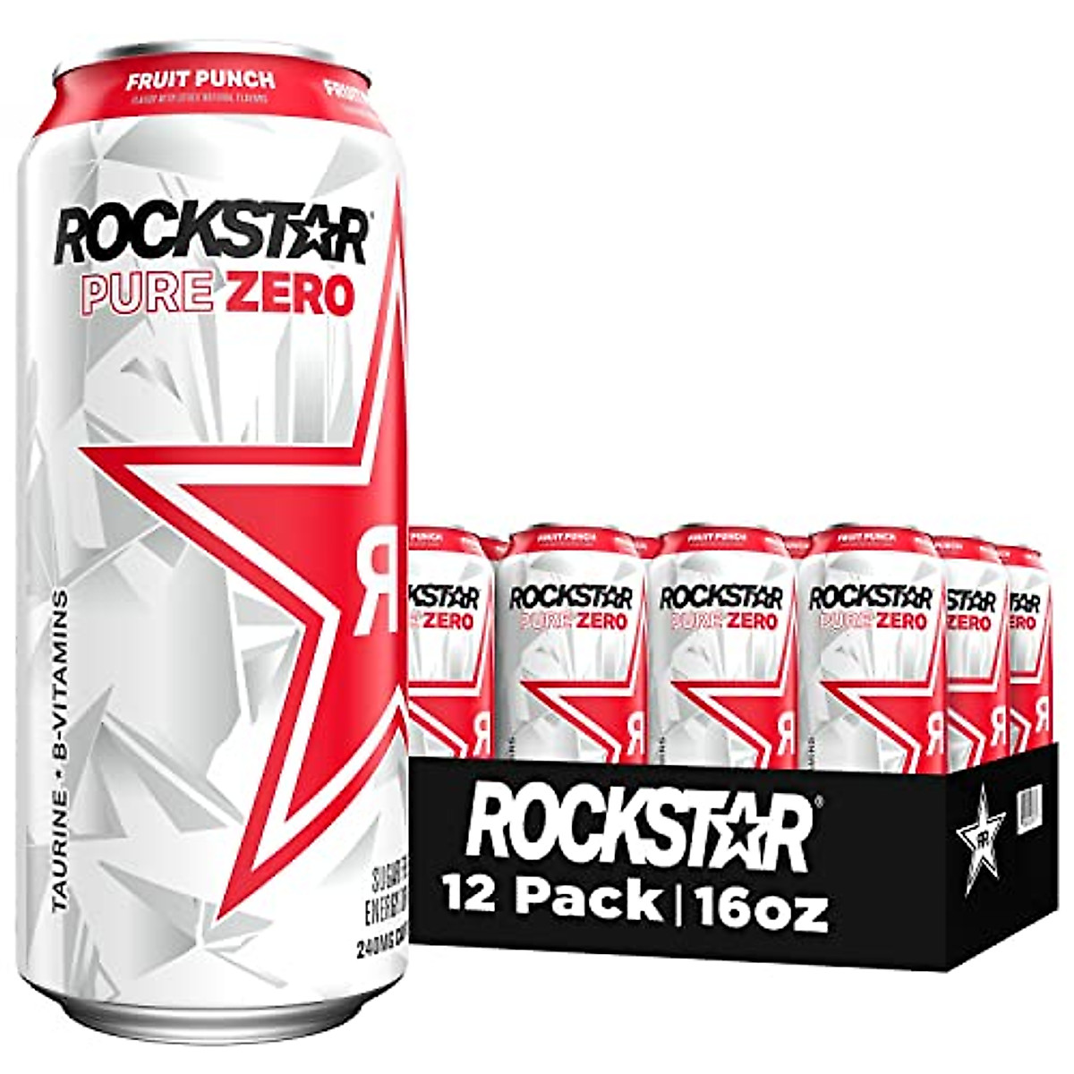 Rockstar Pure Zero Energy Drink, Fruit Punch, 0 Sugar, with Caffeine and Taurine, 16oz Cans (12 Pack) (Packaging May Vary)