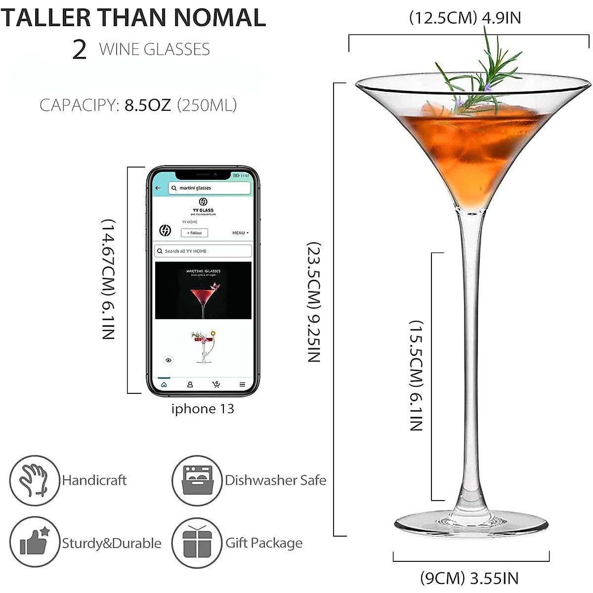 YY Martini Glasses Set of 2-8.5oz Bar Glasses, Crystal Tall Coupe Cocktail Glass with Stem for Martini, Manhattan, Margarita & Cocktails