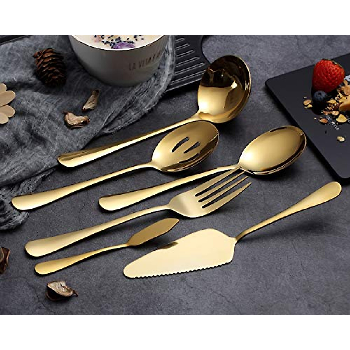 HOMQUEN 6-Piece Gold Serving Flatware Silverware Set,Stainless Steel Serving Utensil Set,Include Cake Server, Slotted Serving Spoon, Serving Spoon, Cold Meat Fork, Butter Knife, Soup Ladle