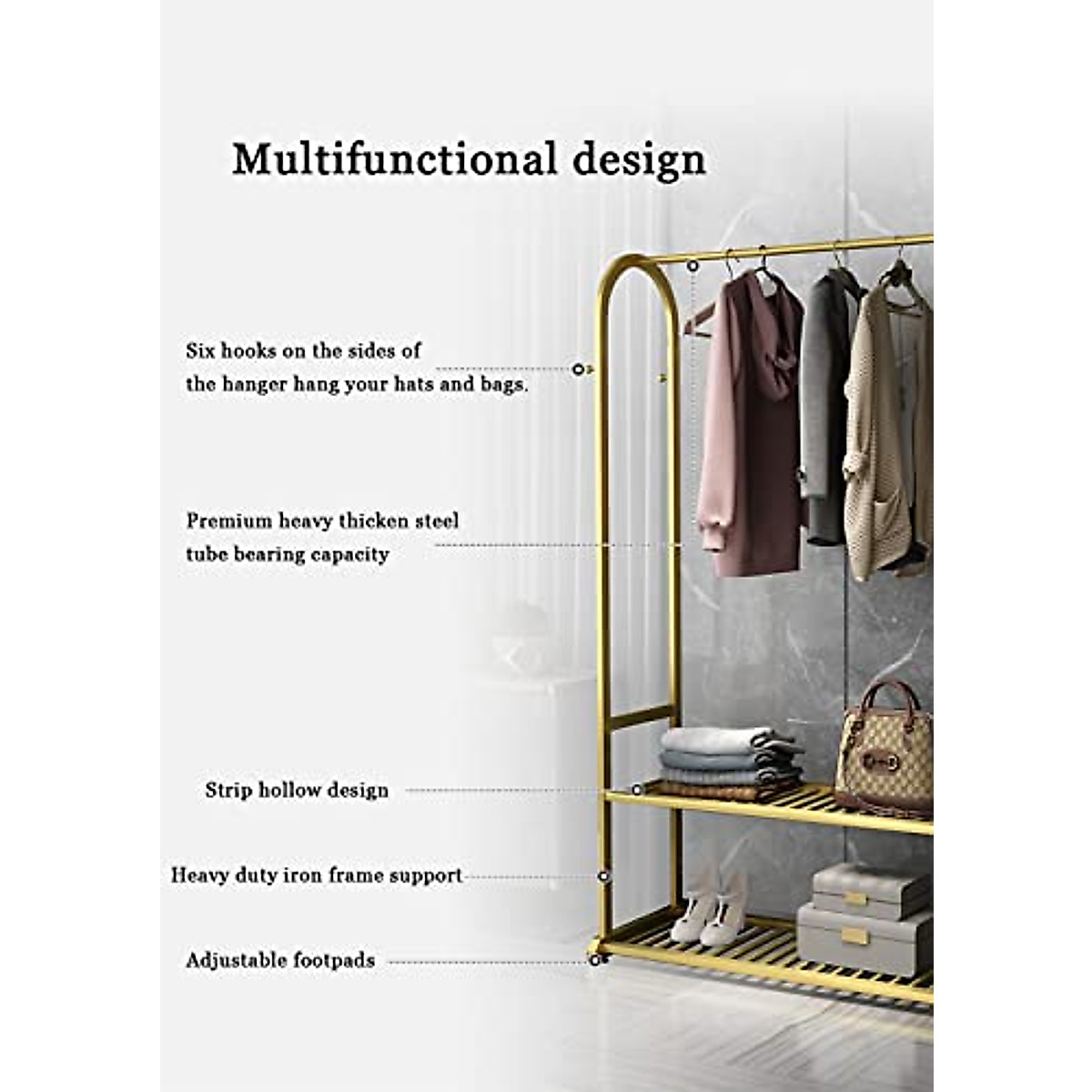 MAIKAILUN 2- layer Clothing Rack Gold,Modern Industrial Clothes Rack for hanging Clothes with Top Rod and Bottom Shelves, Multi-functional Heavy Duty Garment Rack Cloest Organizer and 6 Hooks (59")