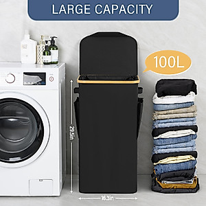 LOCHAS Laundry Hamper with Lid, 100L Clothes Hamper with 2 Pockets and Removable Bag, Black Large Laundry Basket with Handles, Tall Dirty Clothes Hamper for Bathroom, Bedroom, Dorm, Laundry Room