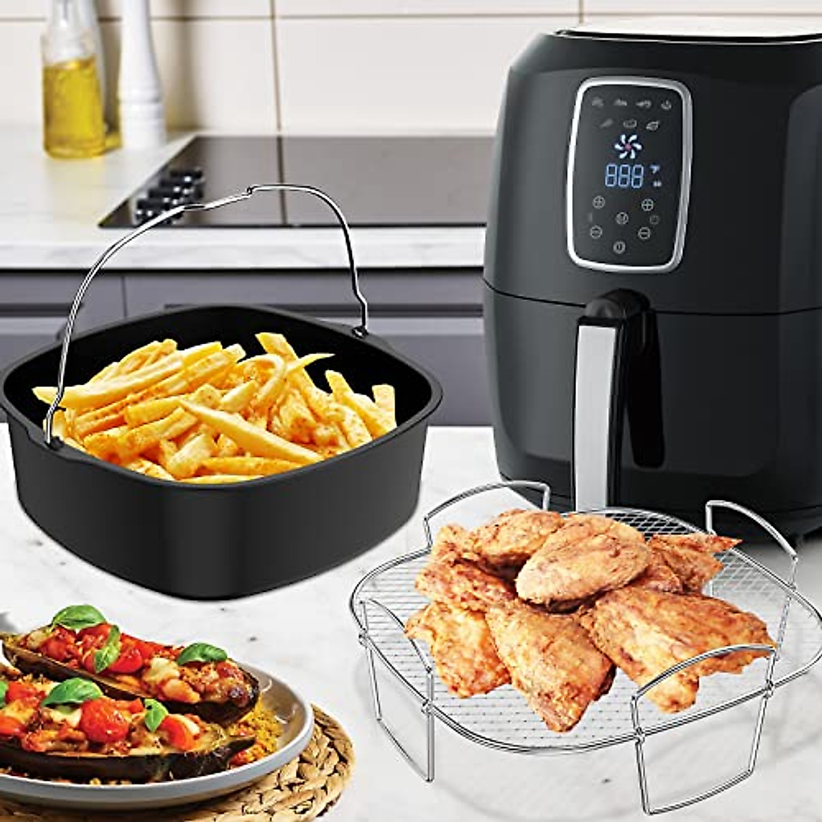 Eummy - 2Pcs Air Fryer Cooking Accessory Kit 8Inch Stainless Steel Air Fryer Rack Reversible Rack and Non-Stick Baking Pan Universal Air Fryer Accessories Dishwasher Safe for Dual Basket Air Fryer