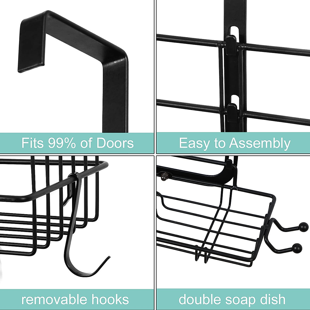 Over The Door Shower Caddy, Hanging Storage Rack, Shower Basket with Suction Cup, Over Door Bathroom Shower organizer Hanging with Hooks and Soap Holder, No Drilling (3-Layer, Black)
