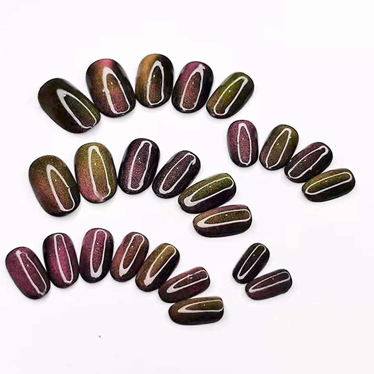 Purple Cat Eye Press on Nails Medium Length Round False Nails 24 Pcs Dark Purple Glossy Glue on Nails Color Changing with Light Luxury Acrylic Fake Nails for Women Girls