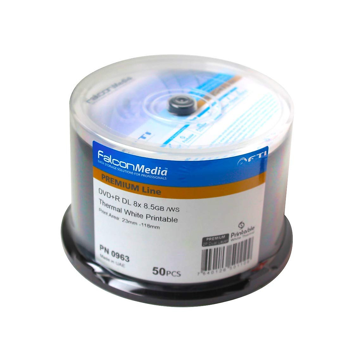Falcon Media 50-Pack Premium Line DVD+R Dual Layer Discs with White Thermal Printable Surface, 8X Recording Speed, and 8.5 GB of Data in Cakebox Packaging
