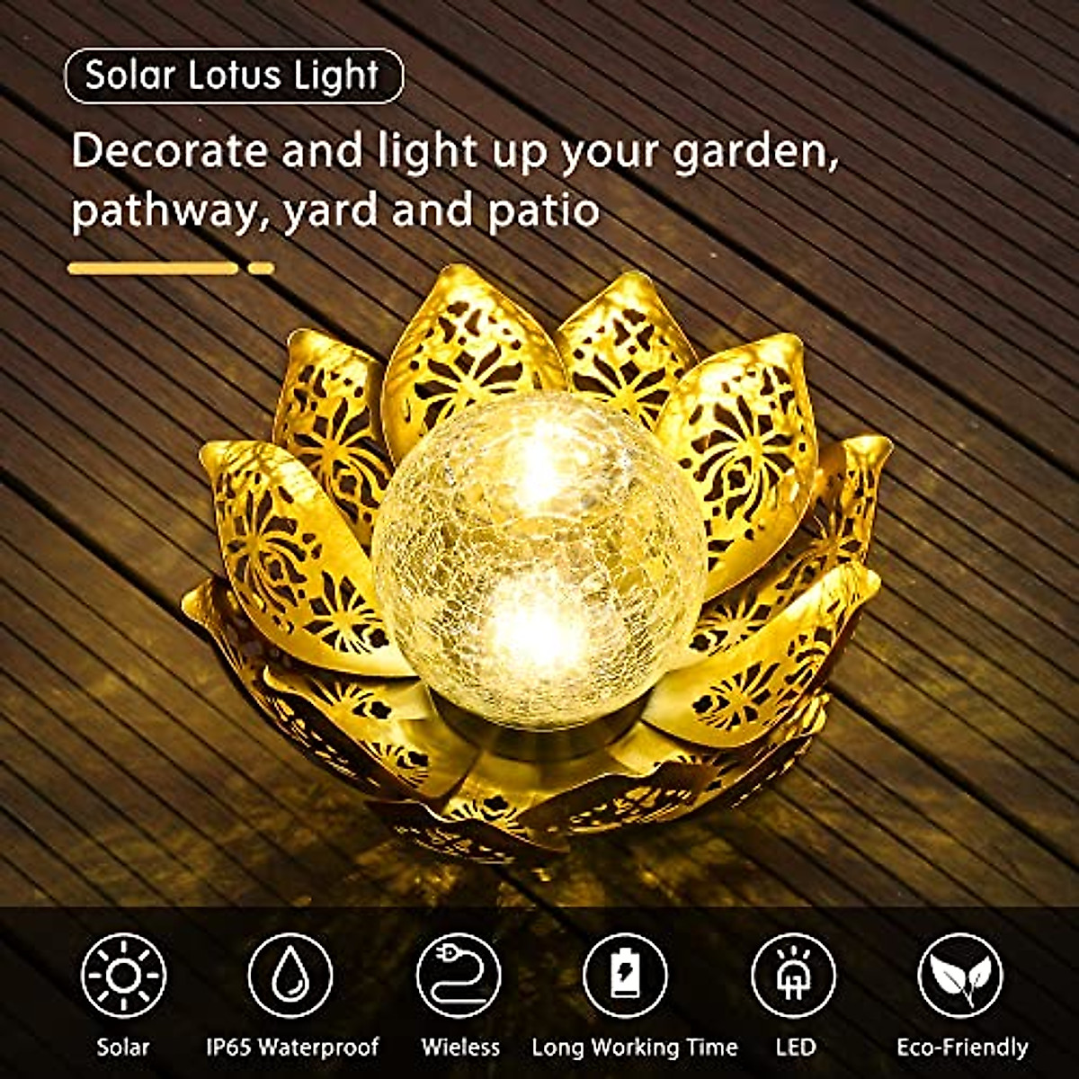 GIGALUMI Solar Lights Outdoor Garden Decor, Adjustable Metal Petal Lotus Flower Lights Crackle Globe Glass Lantern Outdoor Table Decor Waterproof for Patio, Lawn, Pathway, Pond, Christmas Gift