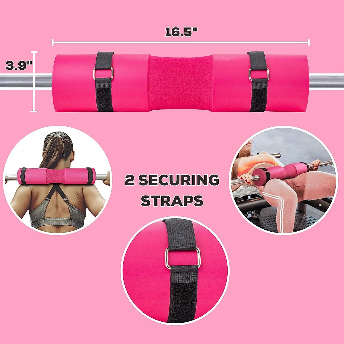 Elite Athletics Barbell Squat Pad for Women & Pair of Gym Ankle Straps for Cable Machines with Secure Straps & Carry Bag - Pink Hip Thrust Foam Squat Bar - Thick Foam Cushion