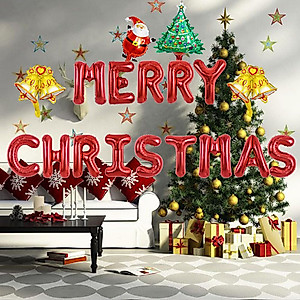 Merry Christmas With Santa Claus Christmas Tree Bells Balloons, Red Aluminum Foil Christmas Party Sign, Xmas/Xmas Eve Party Decorations Supplies Backdrops