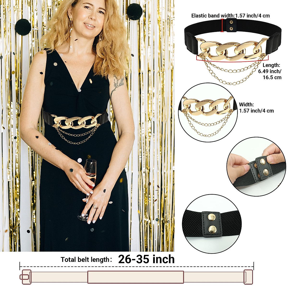 CONEHOY 5 Pcs Women Gold Metal Belts - Adjustable Metal Waist Belt - Skinny Elastic Belt - Wide Chain Strap Stretch Ladies Waistband for Dress