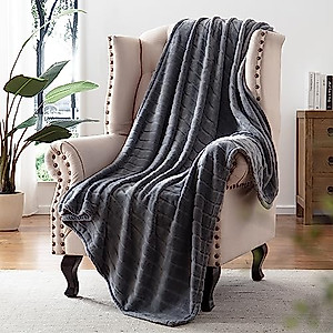 Bertte Decorative Stripe Lightweight Fleece Cozy Sofa Bed Seasons Throw 330 GSM Soft Plush Fuzzy Warm Fluffy Blanket, 50"x 60", Dark Grey