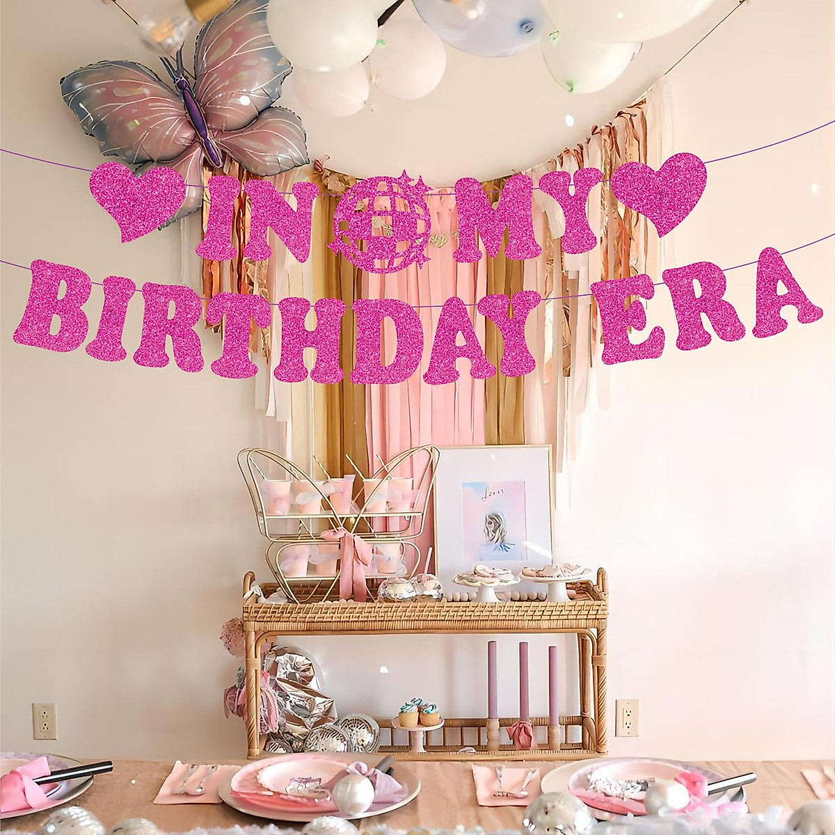 Pre-Strung In My Birthday Era Banner, NO-DIY Popular Singer Happy Birthday Banner Hot Pink Glitter Birthday Decorations Banner for Fans Girls Women Birthday Party