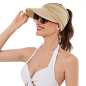 Zando Womens Sun Visor Hat Wide Brim Sun Hats for Women UV Protection Hat Packable Womens Visors for Summer Hats for Women Beach Hat Tennis Sun Visors for Women with Ponytail Hat Beige Visor