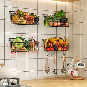 4 Pack Hanging Wall Basket for Organizing, Large Wire Baskets for Storage Pantry with 5 S Hooks+4 Strong Adhesive Wall Hooks, Wall Mounted Metal Wire Storage Baskets Shelf for Cabinet Kitchen Bathroom