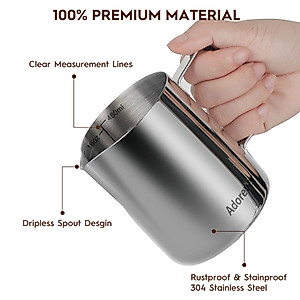 Adorever Milk Frothing Pitcher, 16oz 480ml Milk Frother Cup Stainless Steel Steaming Pitcher, Coffee Bar Cappuccino Espresso Machine Accessories Barista Tools, Steamer Cup Milk Jug with Latte Art Pen