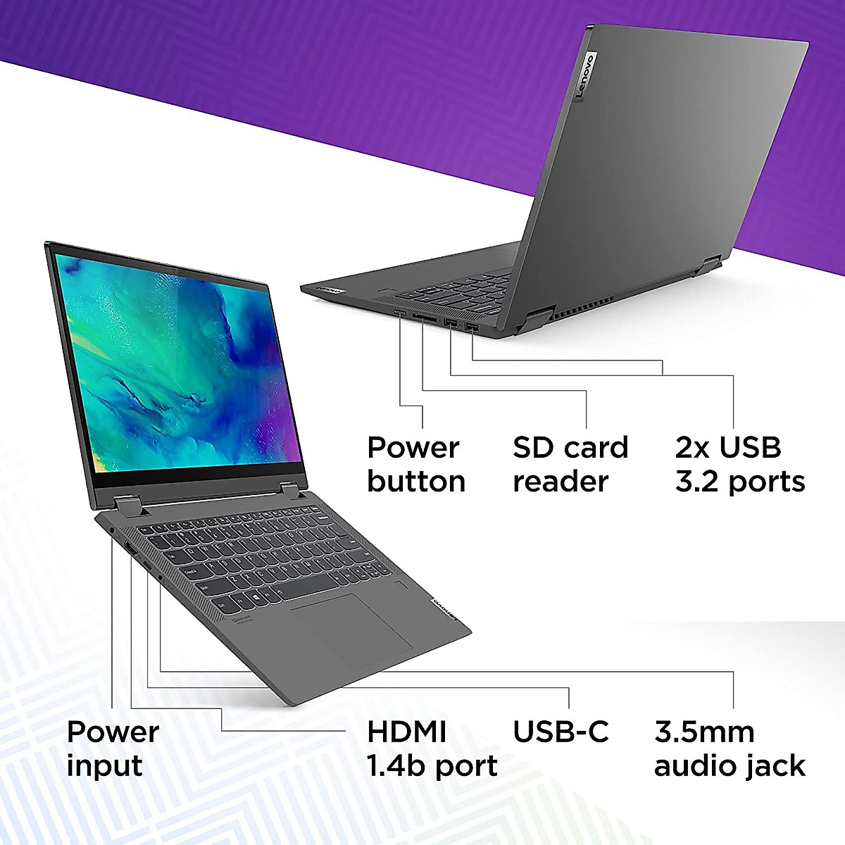 Lenovo Flex 5 14" FHD (1920 x 1080) 2-in-1 Touch Display, AMD Ryzen 5 5500U Processor, 6Cores, 16GB DDR4 RAM, 512GB NVMe SSD, AMD Radeon Graphics, Webcam, Windows 11 Home, Graphite Grey, EAT Pen