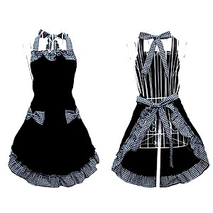 Hyzrz Cute Retro Lovely Vintage Ladies Kitchen Flirty Vintage Aprons for Women Girls with Pockets for Mothers Day Gift (Black)