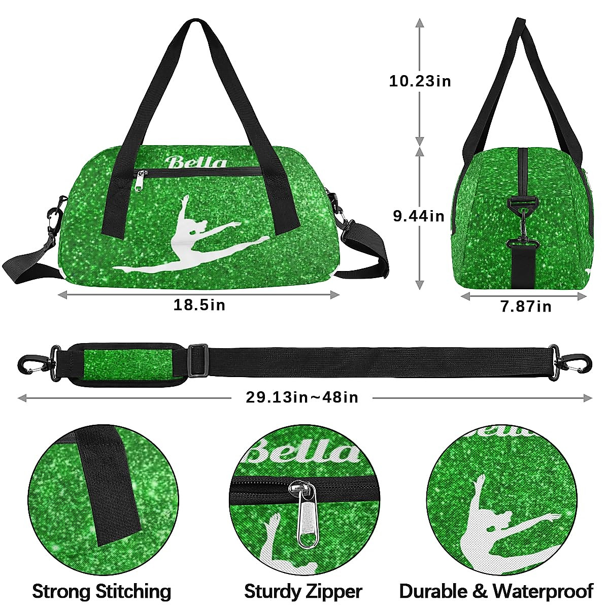 Personalized Custom Kids Duffel Bags, Customized Gifts Sports Gym Bag Custom Name Girls Dance Bag Overnight Weekender Sleepover Carry On Travel Tote Bag for Girls, Green Glitter Dance