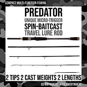 Rigged and Ready Predator Baitcaster Spin Travel Fishing Rod. Hi-Carbon Cast Spinning Pole Unique Micro Trigger +2 Tips 220+185cm (6’+7’3”) Angling Options Max Cast Weight 30g(1oz) 80g(2 3/4oz)
