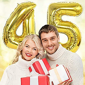 Ceqiny 40 Inch 45th Number Balloon Mylar Balloon Giant Balloon Alphabet Foil Balloon for Birthday Party Wedding Bridal Shower Engagement Photo Shoot Anniversary Decoration, Gold Digit 45 Balloon