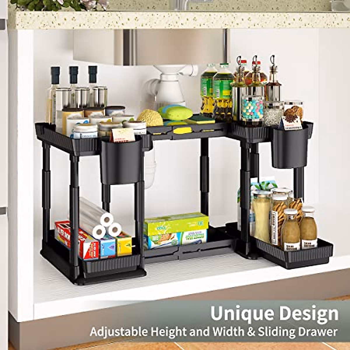 Expandable Under Sink Organizer and Storage 2 Pack, 2 Tier Pull Out Sliding Under Bathroom Cabinet Storage Organizers with Hanging Cups for Bathroom, Kitchen Multi-Purpose, Adjustable Height & Width