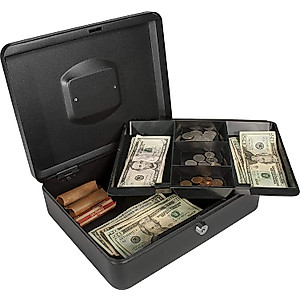 SentrySafe Cash Box with Money Tray and Key Lock, Locking Steel Cash Box, 0.21 Cubic Feet, 3.7 x 11.8 x 9.3 Inches, CB-12