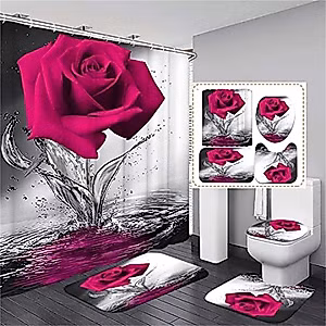 4PCS Fushia Rose Shower Curtains with Rugs Bath Mat Toilet Lid Cover and 12 Hooks Waterproof Rose Flower Bathroom Shower Curtain Set