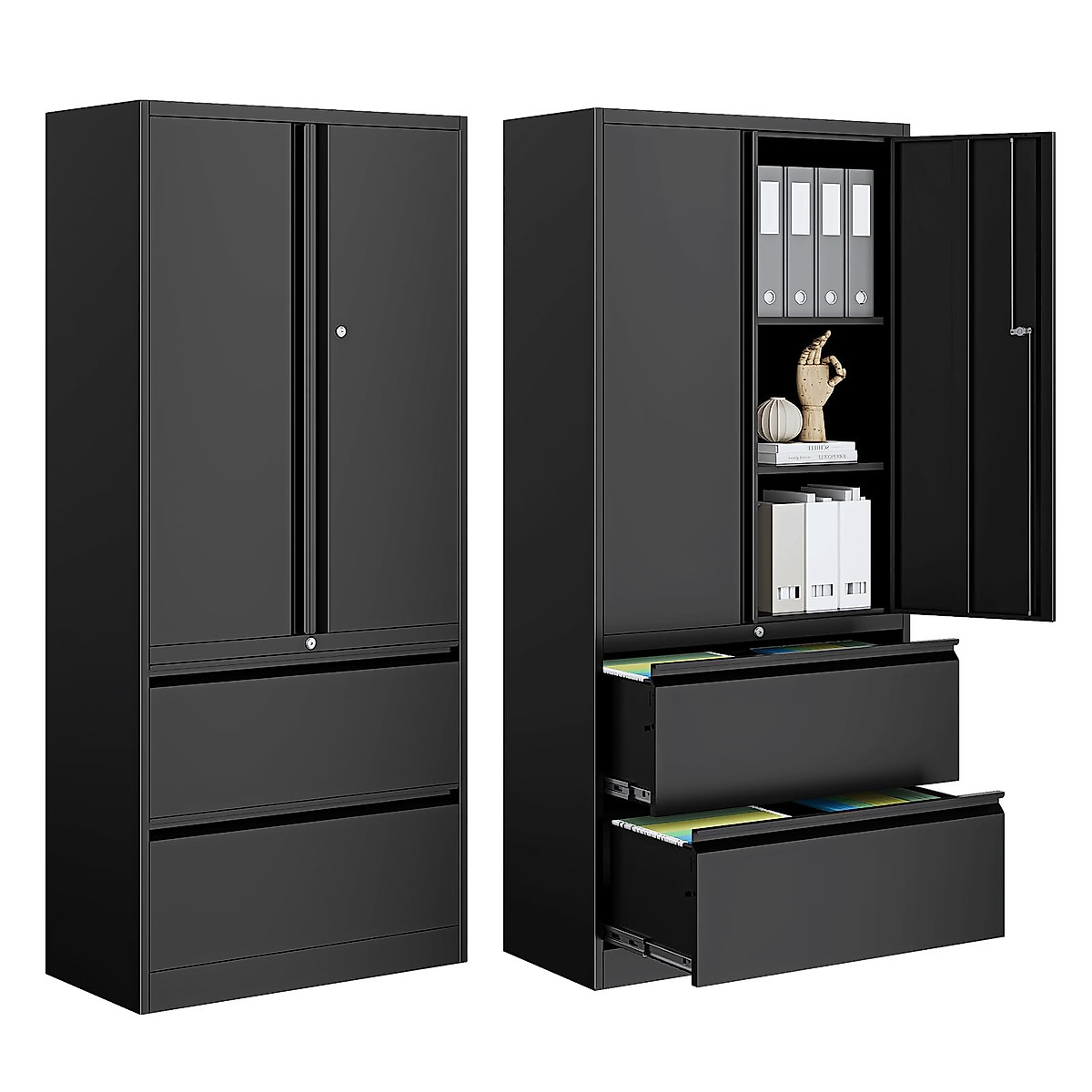 2-Drawer Metal File Cabinet, Lateral Vertical Filing Cabinets for Home Office, Locking File Cabinet with Storage Shelves, Legal/Letter/A4 Size Office File Cabinet, (Black, Assemble Required)