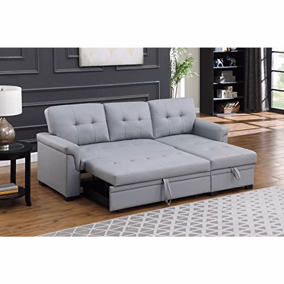 Eafurn L Shaped Convertible Sleeper Sofa with Reversible Chaise,3 in 1 Pull Out Couch Bed with Storage,Upholstered Fabric Sectional Corner Sofa & Couches Sofabed, Gray Leather
