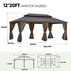 12’x 20’ Heavy Sunshade Large Metal Patio Gazebo Canopy, Permanent Gazebo with Galvanized Steel Double Roof,with Curtains and Netting for Patio, Backyard and Lawn (Wood Grain Coated)