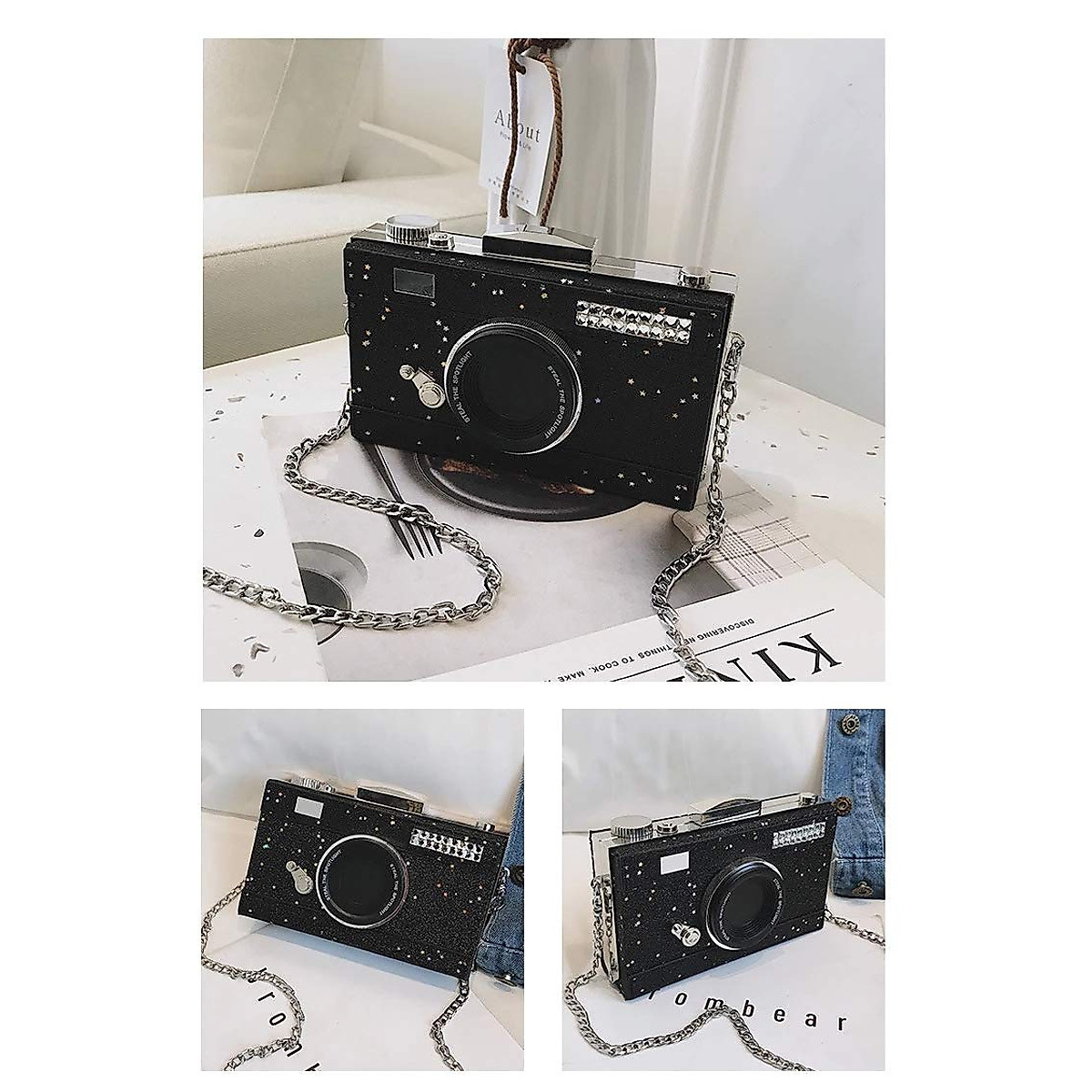 moderngenic Fashion 'Camera' Handbag, Envelope Clutch, Cross-body Shoulder Purse, Soft PU Leather Handbag for Women/Girls (Black)