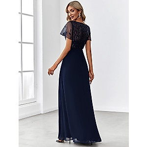 Ever-Pretty Women's Short Sleeve Sweetheart Illusion Wedding Party Maxi Dress Navy US14