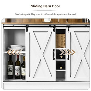 Farmhouse Coffee Bar Cabinet, 47'' Coffee Bar Station with 6 Hooks, Kitchen Coffee Bar with Hutch & 9 Wine Racks, Coffee Bars for Dining Room, White