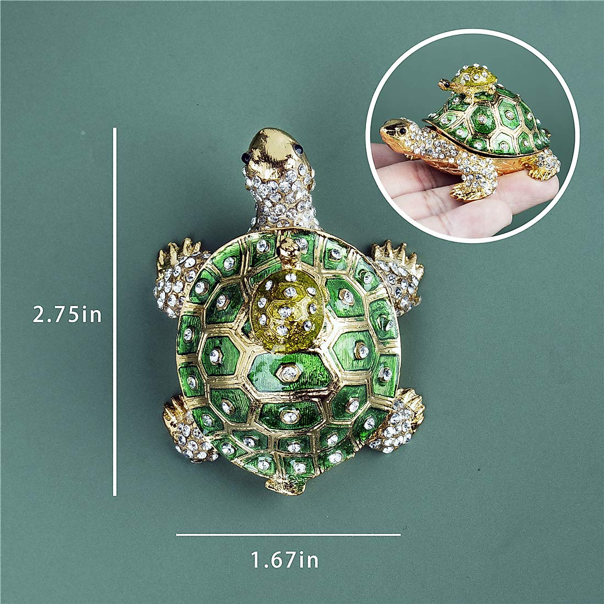 YU FENG Crystals Bejeweled Turtle Trinket Box Hinged Enameled Mother-Child Tortoise Animal Figurine Jewelry Ring Holder Box