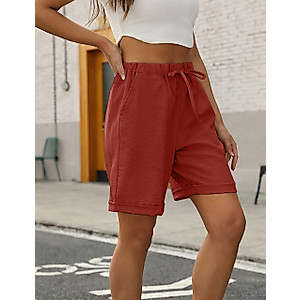 Tanming Women's Summer Casual Elastic Waist Rolled Hem Bermuda Shorts with Belt (Red, X-Large)