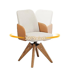 Art Leon Swivel Accent Chair, Modern Desk Chair No Wheels, Fabric Upholstered Armchair with Oak Wood Legs for Living Room Bedroom Home Office, Off White