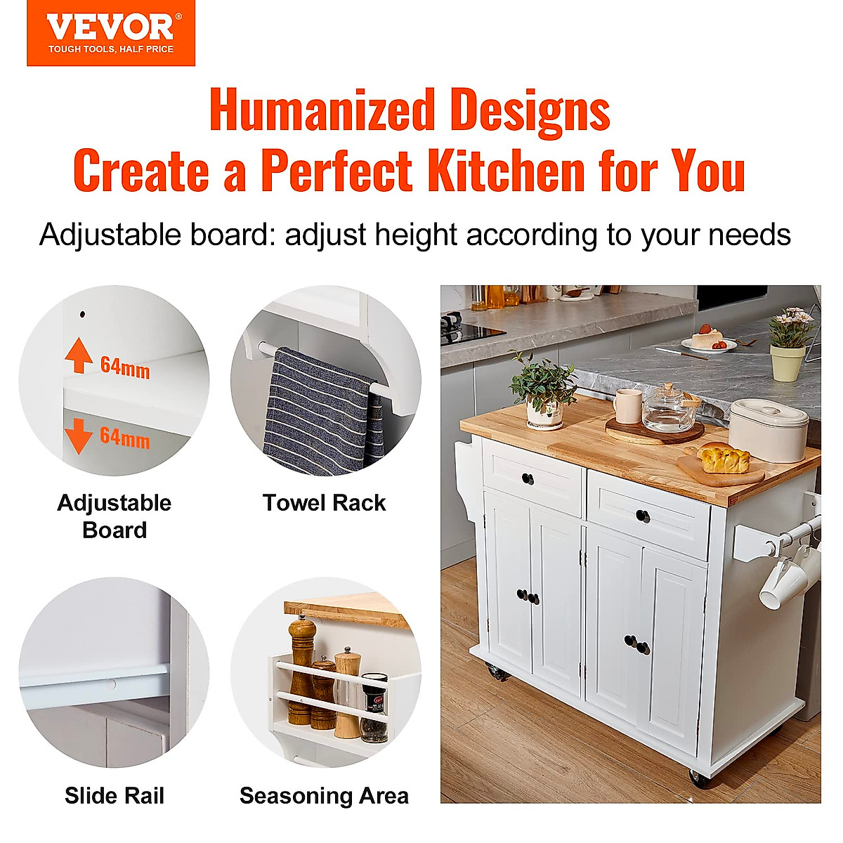 VEVOR Kitchen Island Cart with Solid Wood Top, 35.4" Width Mobile Carts with Storage Cabinet, Rolling Kitchen Table with Spice Rack, Towel Rack, and Drawer, Portable Islands on Wheels, White