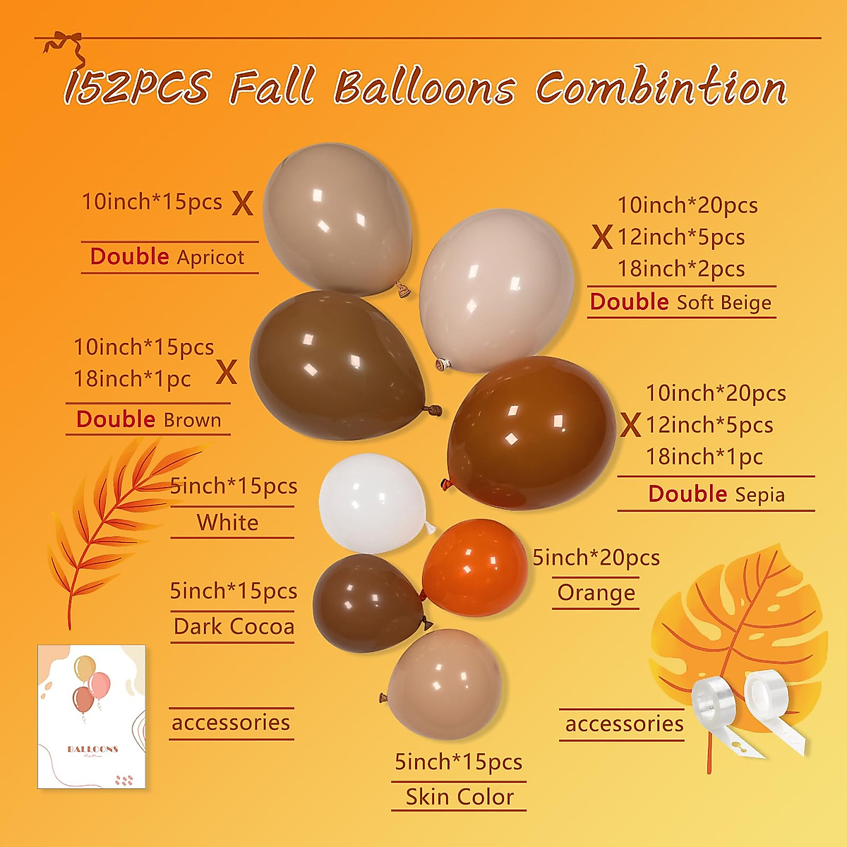 Fall Balloon Garland Arch Kit-152PCS Burnt Orange Balloons Double Stuffed Balloons, Cream Peach Apricot Terracotta Latex Balloon, for Birthday Party, Baby Bridal Shower, Wedding Decorations