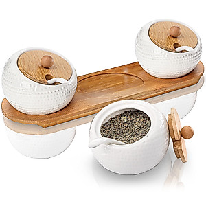 Yesland Porcelain Condiment Jar Spice Container with Bamboo Lids & Tray, Set of 3, 6.8 Oz Pottery Cruet Pot for Sugar Bowl Serving Tea, Coffee, Spice