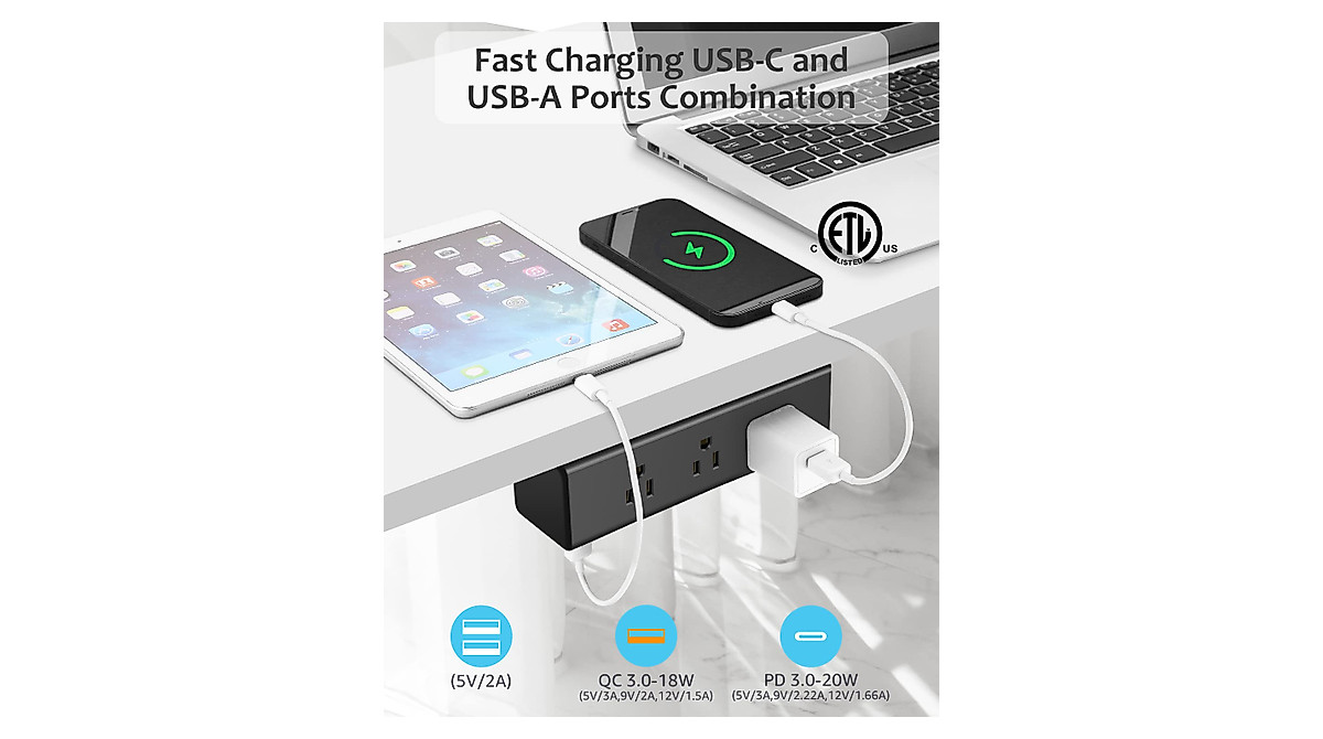 13 in 1 Under Desk Power Strip with USB Charging - Surge Protector
