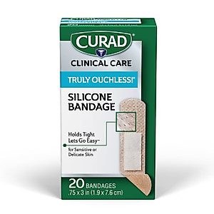 CURAD Truly Ouchless!® Silicone Bandages, .75" x 3", For Sensitive or Delicate Skin, Flexible Fabric, Protects Scrapes, Cuts & Burns, 20 Count
