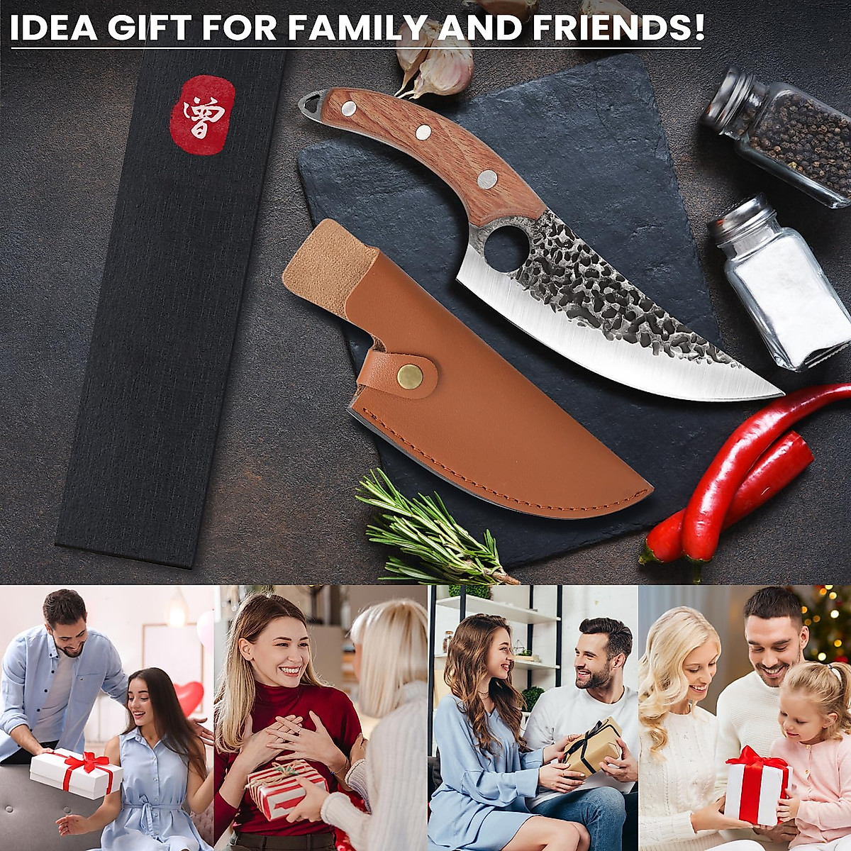 MDHAND Chef Knife - Hand Forged Viking Knife with Sheath, High Carbon Steel Butcher boning Knife,Japanese Knife for Meat Cutting in Kitchen, BBQ, Camping, Hunting