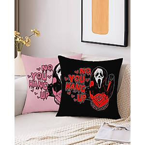PreLiving 18x18 Inch Pink Throw Pillow Cover - 'No You Hang Up' Funny Horror Ghost Design, Romantic Halloween Day Decor, Soft Pillowcase for Sofa, Bedroom, Car, Birthday Party Supplies