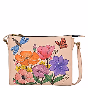 Anna by Anuschka Women’s Genuine Leather Slim Medium Crossbody - Hand Painted Original Artwork - Dragonfly Garden