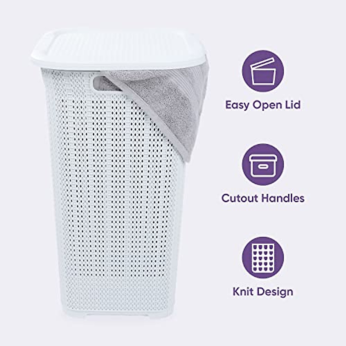 Wicker Laundry Hamper With Lid 50 Liter - White Laundry Basket 1.40 Bushel Durable Bin With Cutout Handles - Easy Storage Dirty Cloths in Washroom Bathroom, Or Bedroom. By Superio